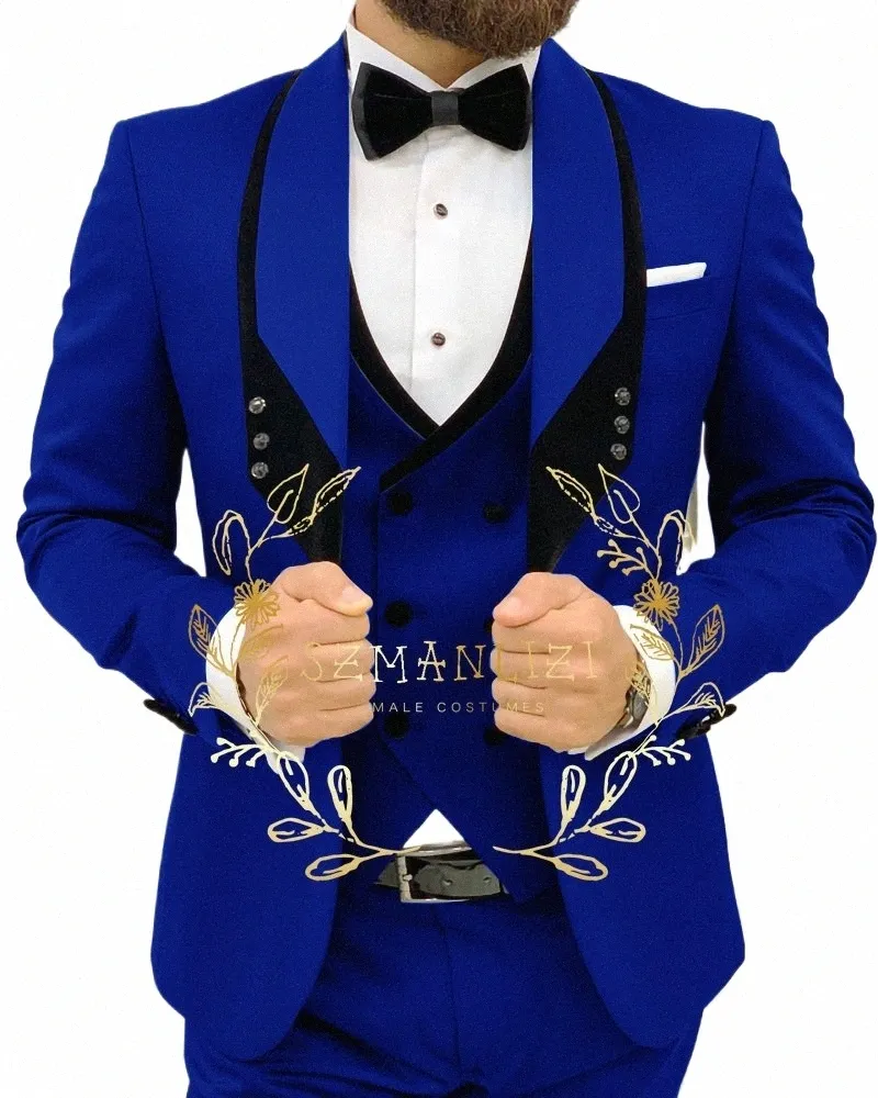 Mens Royal Blue Slim Fit Formal Wedding Suit Blazer Vest And Royal Blue Pants Set For Prom