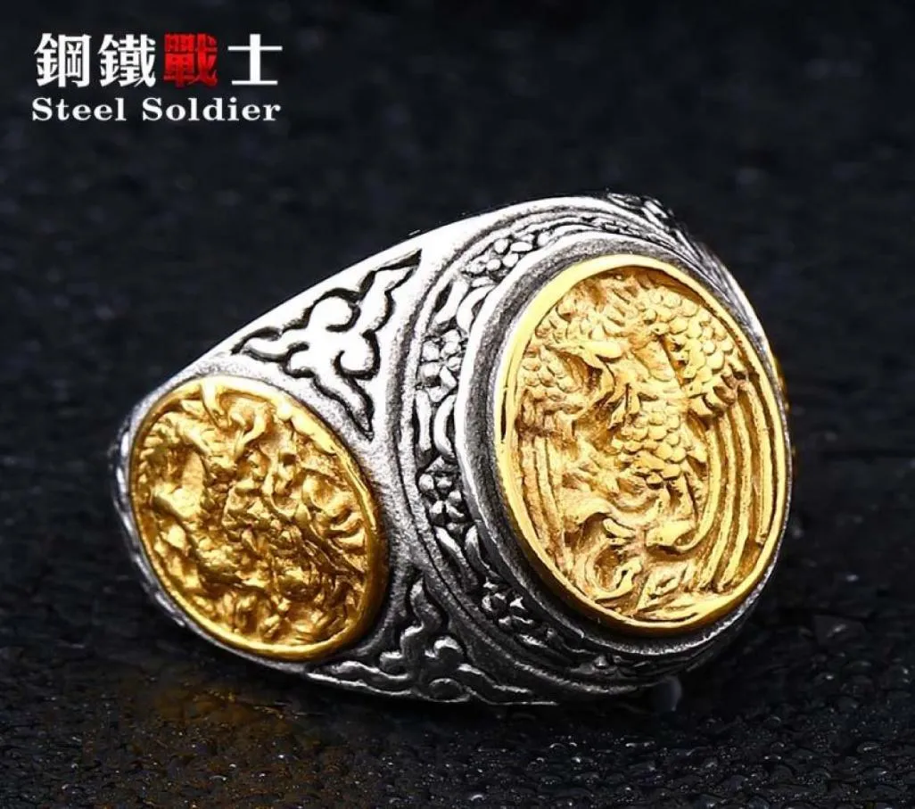 Mens Stainless Steel Antique Cluster Ring Soldier Dragon And Phoenix ...