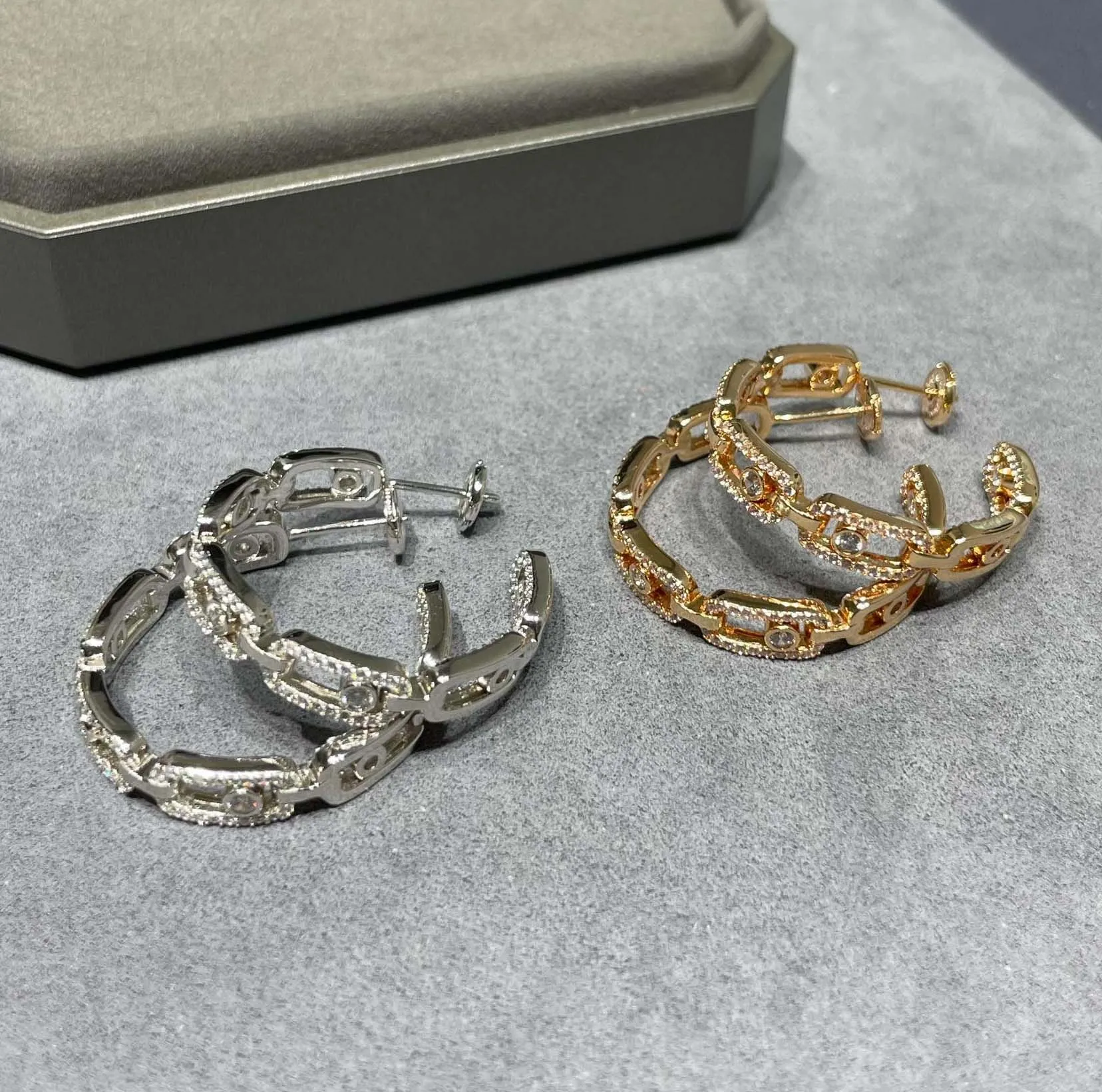 V Gold Luxury Half Round Drop Earrings with Diamond, Two-Color Plated ...