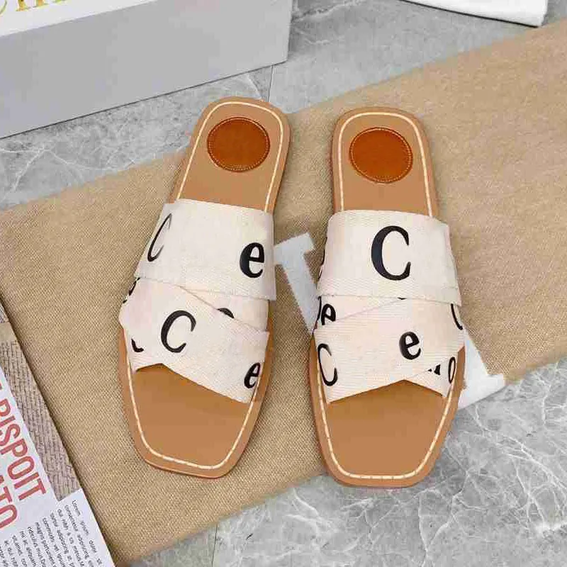 Designer Slippers Rubber Sole Sandals Fabric Canvas Slides Flat Sandals ...