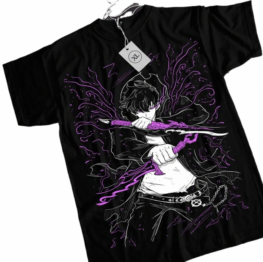 تي شيرت التسوية المنفردة Sung Jinwoo New Anime Manga Black Shirt Tee ...