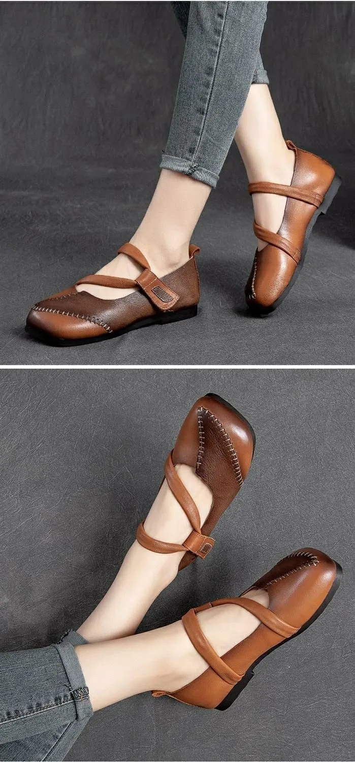 Women Genuine Leather Square Toe Shoes Spring Retro Handmade Soft Sole ...