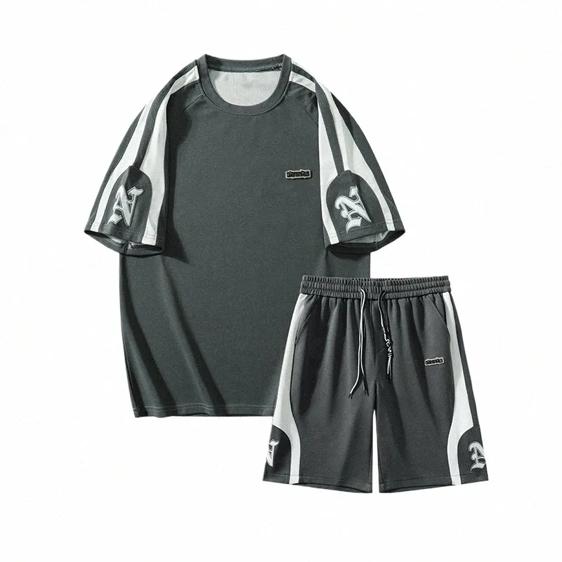 2024 Summer Fi Men Sets Sports Sets Short Sleeve T Shirt Fi Patchwork Printed Suit Casual Loose ...