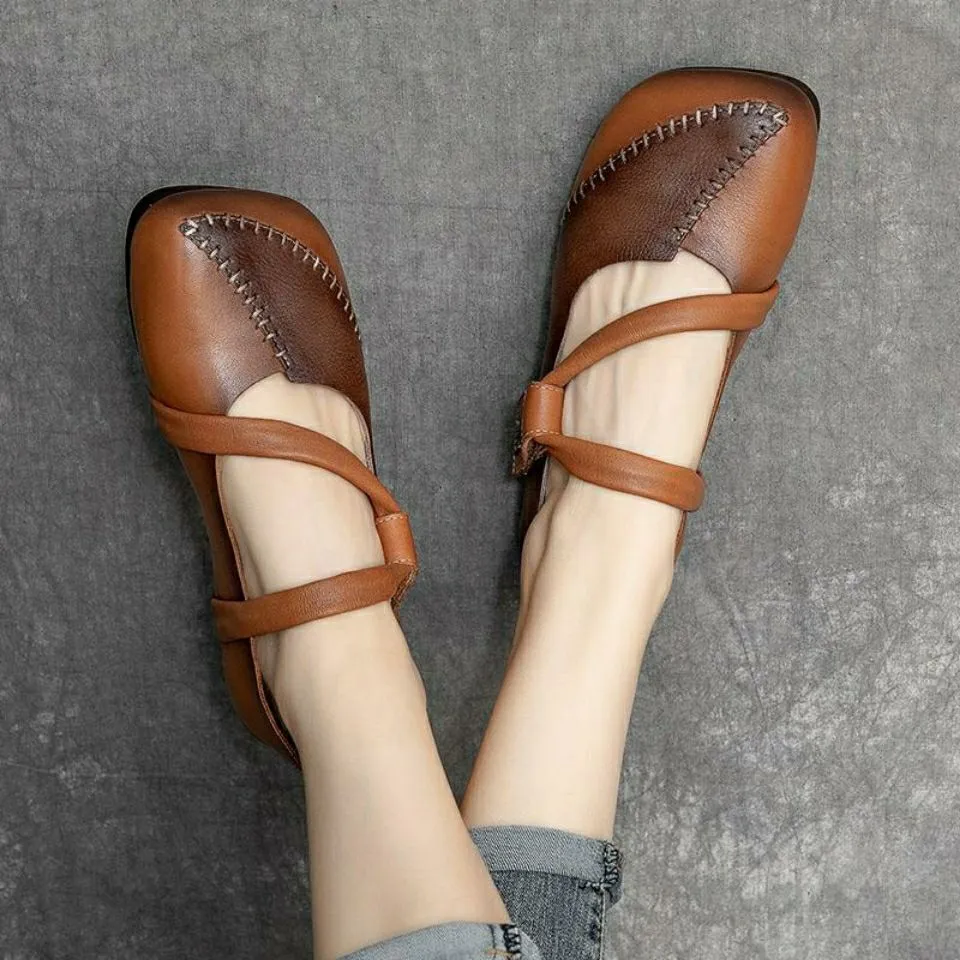 Women Genuine Leather Square Toe Shoes Spring Retro Handmade Soft Sole ...