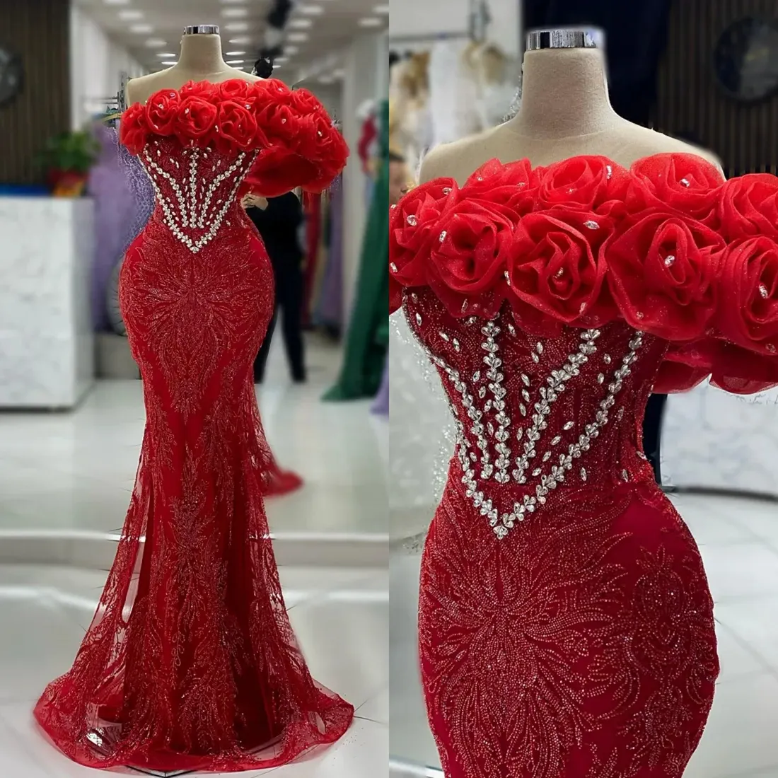 Red Sparkly Prom Dresses Elegant Sheer Neck Beaded Lace Gown For ...