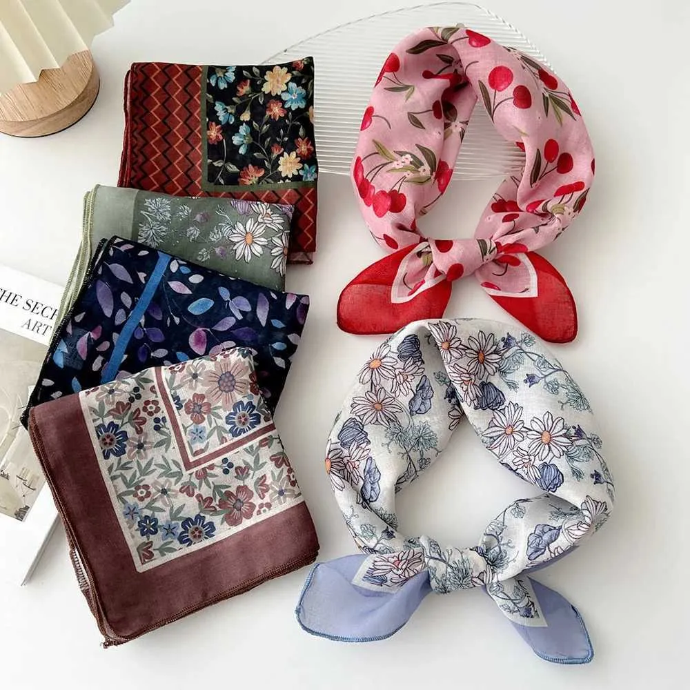 Women Square Cotton Linen Scarves 27.5 × 27.5 in Cherry Print Head ...