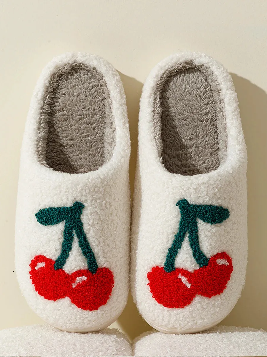 Super Cute Cherries Plush House Slippers for Women, Comfy Home Shoes ...