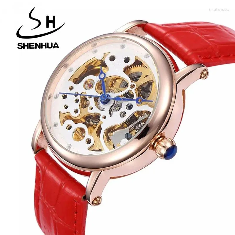 SHENHUA Women's Rose Gold Skeleton Automatic Mechanical Waterproof ...