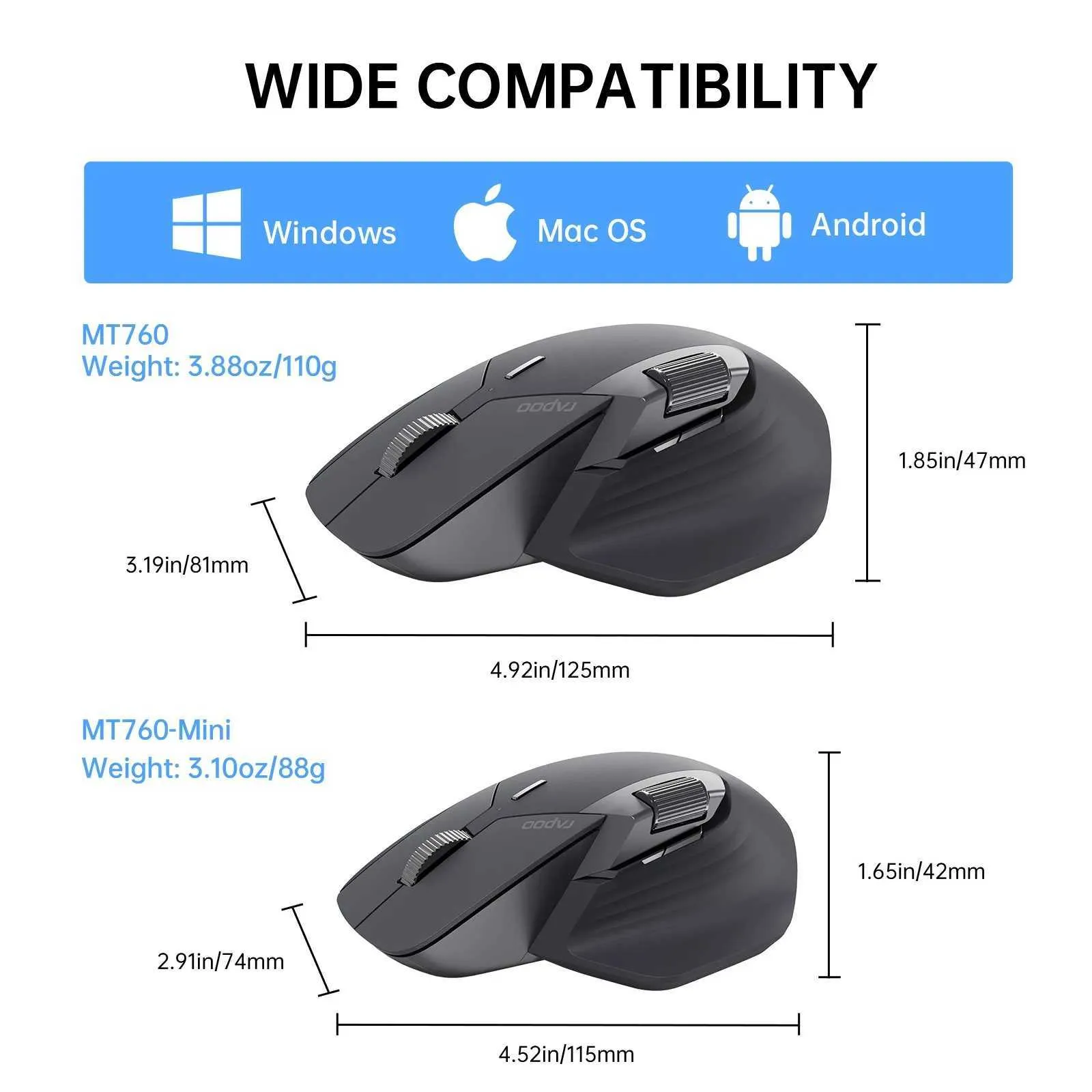 Rapoo Ergonomic Wireless Mouse, 4000 DPI, Multi-Device, Silent Click ...