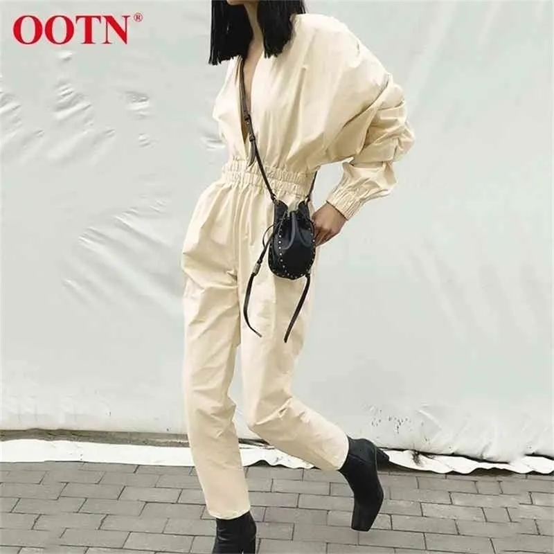 OOTN Women's V-Neck High Waist Jumpsuit, Straight Leg, Elastic Waist ...