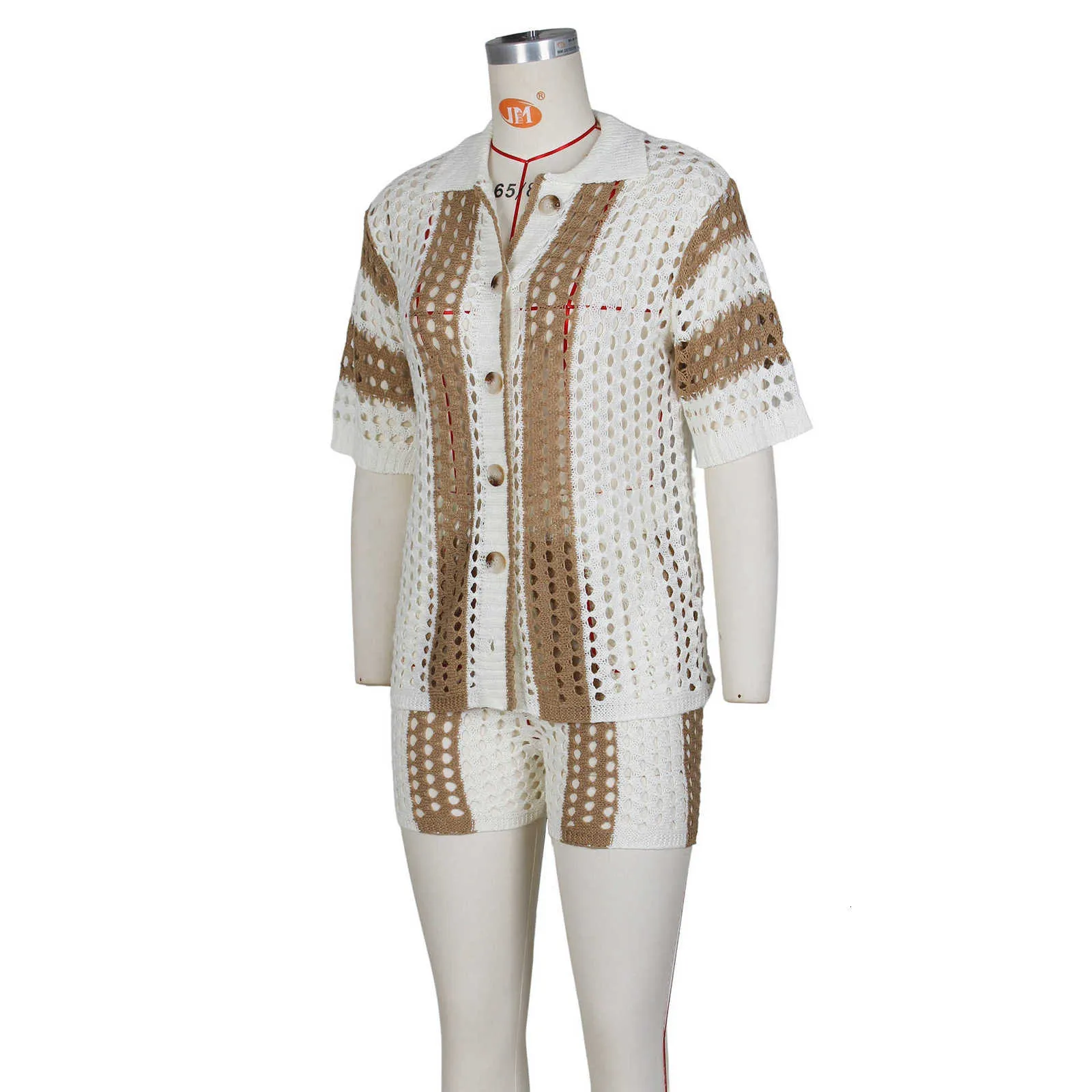 Women's Summer Two-Piece Knitted Shorts Set with Flip Collar and Hollow ...