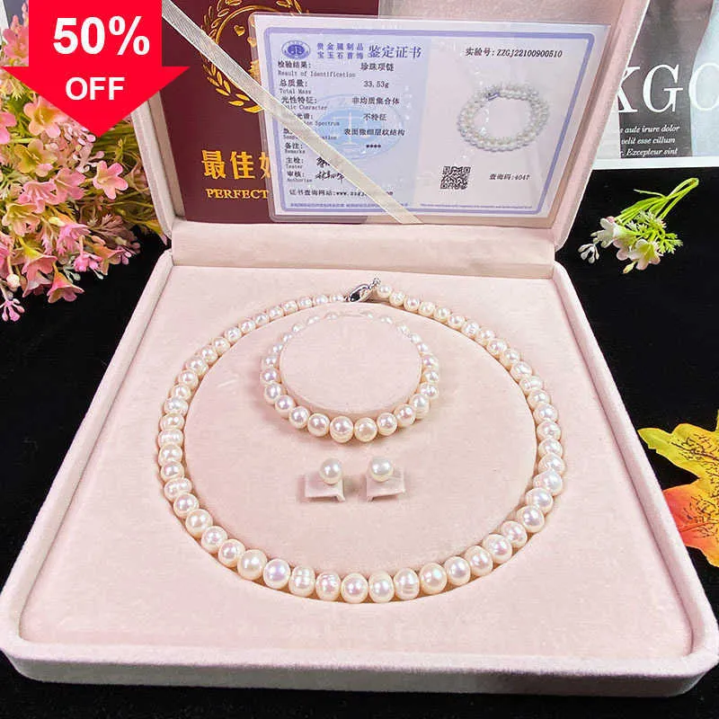 Wholesale Natural Freshwater Pearl Jewelry Set 8mm Pearl Necklace Set, 925 Silver Clavicle Chain ...
