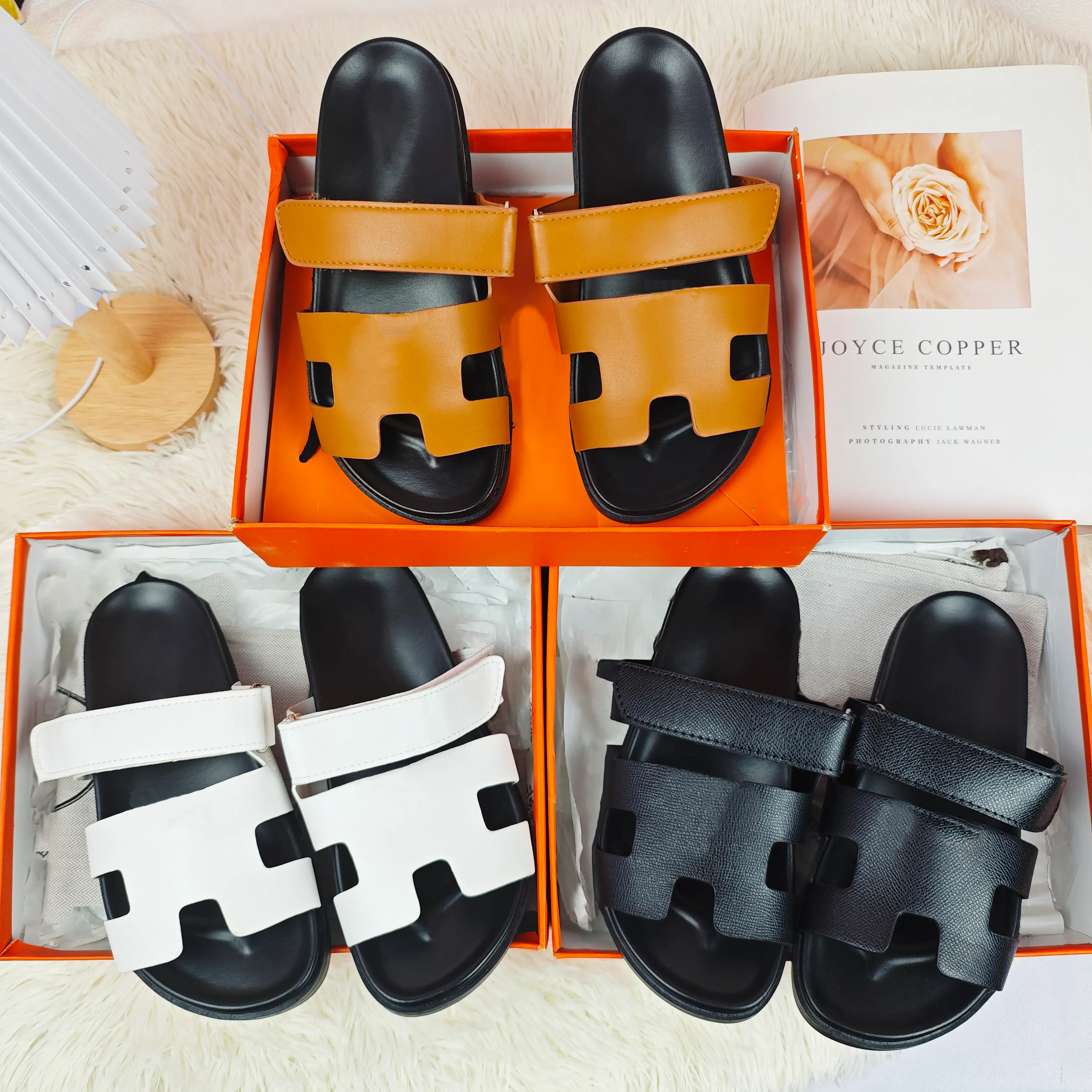 Luxury Designer Brown Leather Cowhide Slippers For Women Classic Retro ...