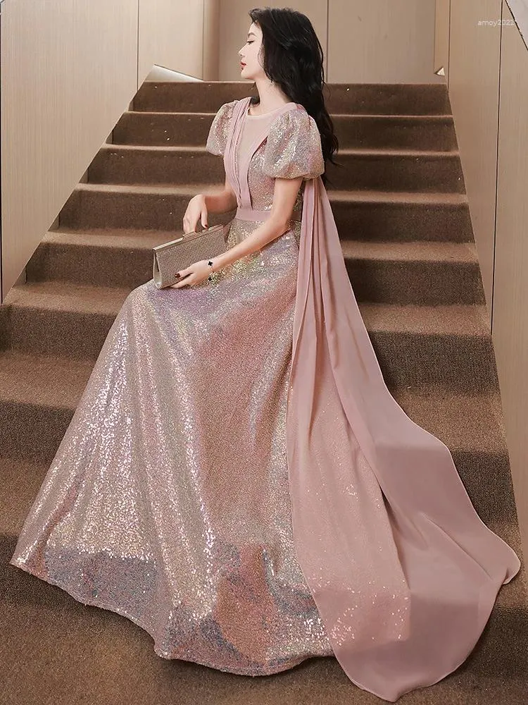 French Sequin V Neck Prom Gown With Bubble Sleeves And Flutter ...