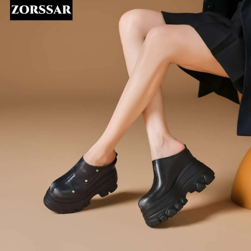 12Cm Platform Wedge Mules Sandal Genuine Leather Hidden Heel Women ...