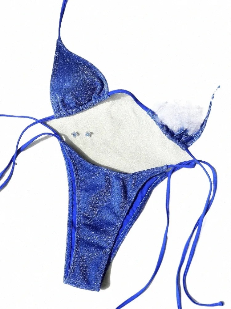 Shiny Triangle Bikini Set Bandage Thong Swimsuit For Women Two Piece Swimwear For Summer