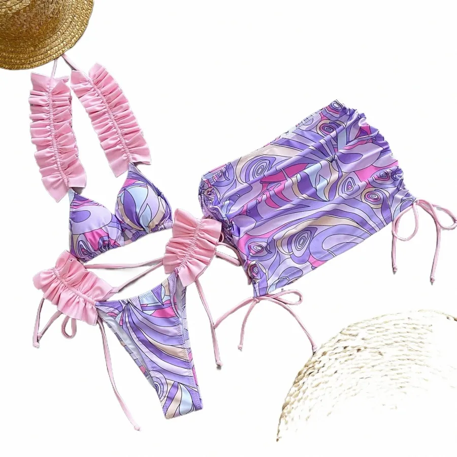 2024 Women's Ruffle Lilac Bikini Set With Skirt Perfect For Beach ...