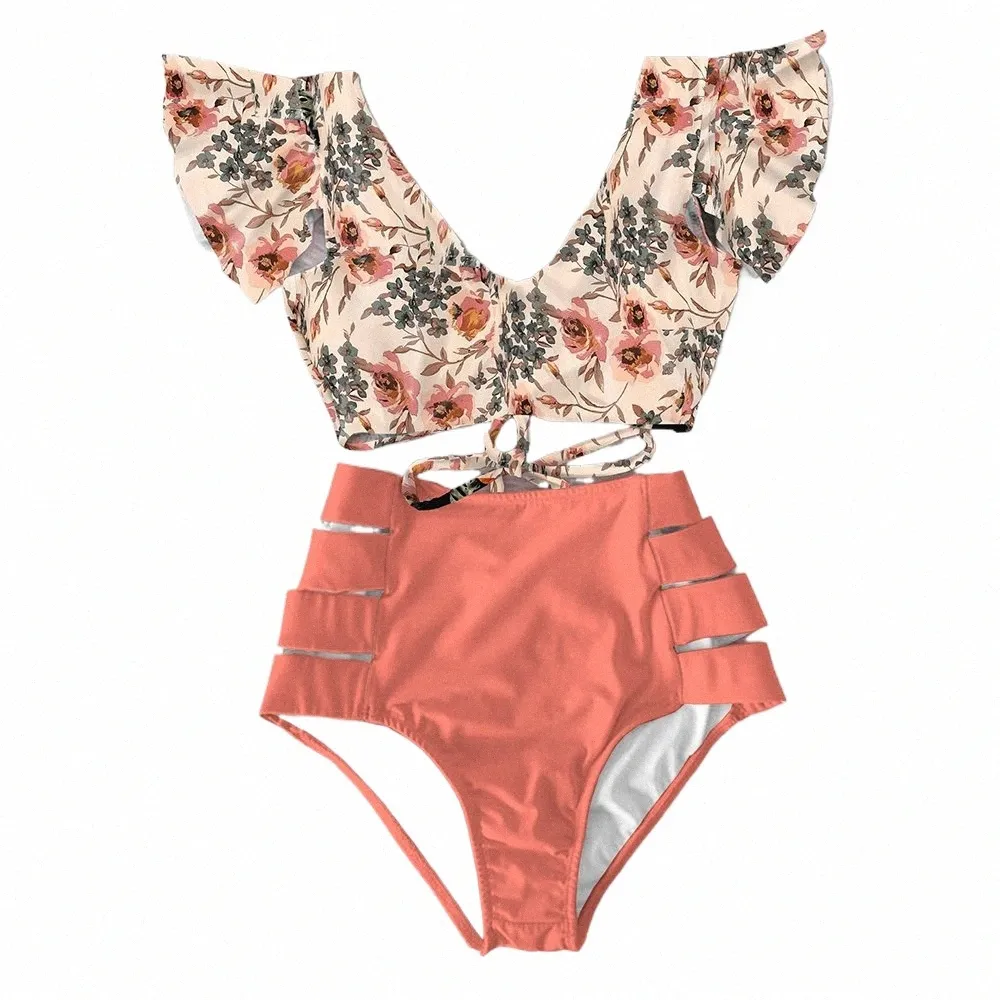 2024 Flounce High Waist Ruffled Bikini Set With Floral V Neck Sexy Two ...