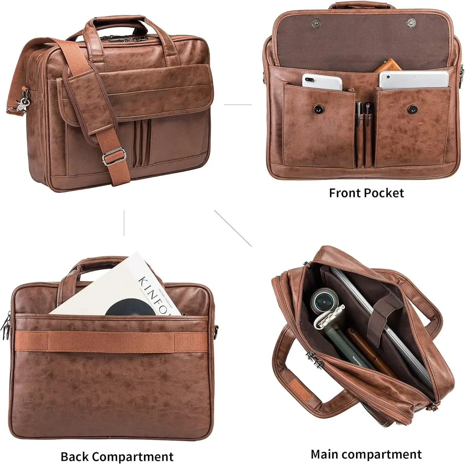 Large Capacity Men's Business Leather Briefcase Shoulder Bag with Wide ...