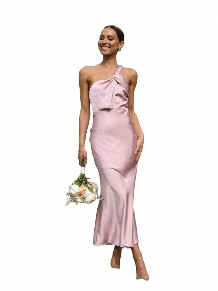 Satin Off Shoulder Sleeveless Party Vestidos Color Pink For Women ...