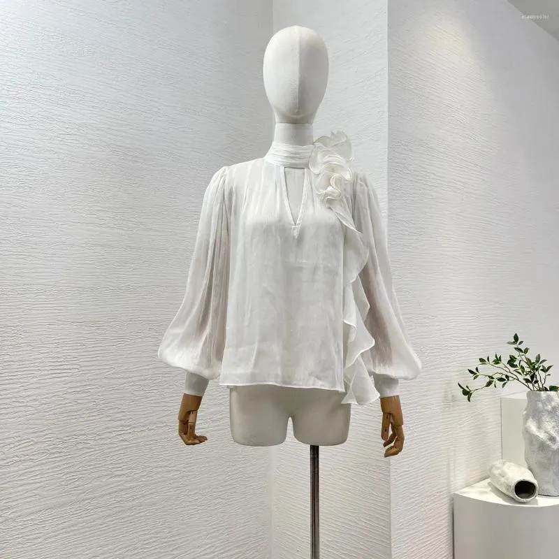 2024 Womens Linen Silk Organza Blouse With Floral Applique And Ruffle Detailing White Long ...
