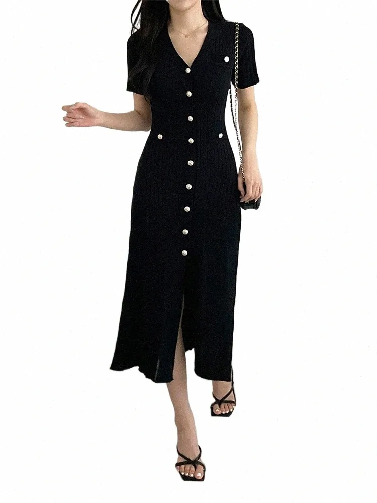 Summer Midi Dr Women Knitted Black Bodyc Korea Style Ruffle Ladies Dres ...