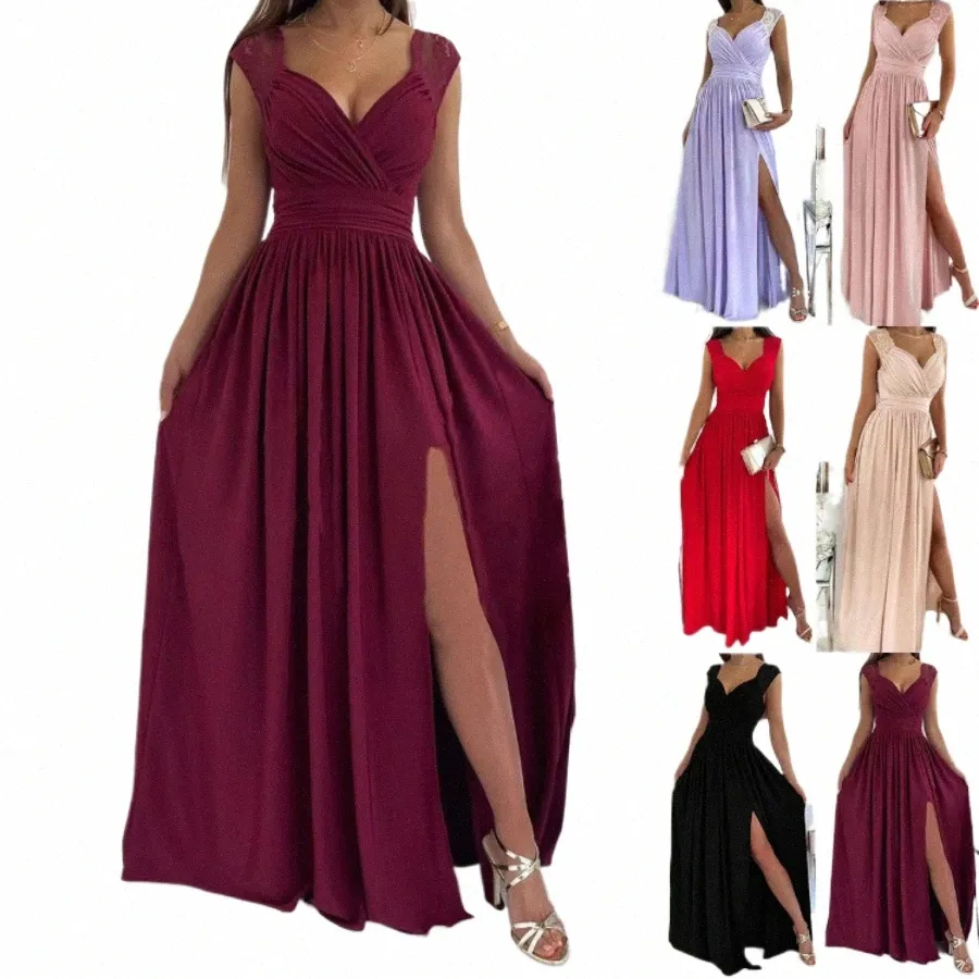 2024 Elegant Lg Dr Lace Deep V Neck Womens Chiffon Maxi Dress For Beach ...
