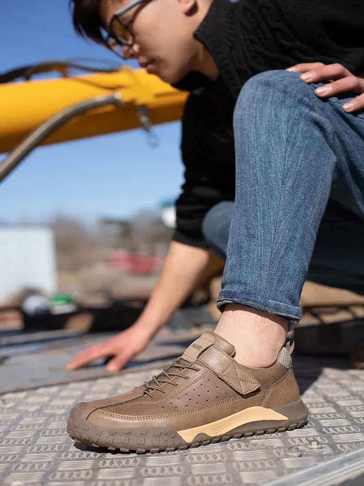 Men's Waterproof Steel Toe Leather Work Shoes Brown Construction Safety ...