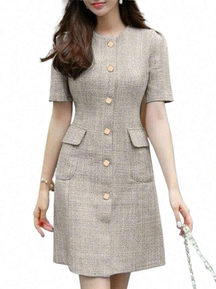 Vintage Womens Solid Vestidos Short Sleeve O Neck Tweed Dress Casual ...
