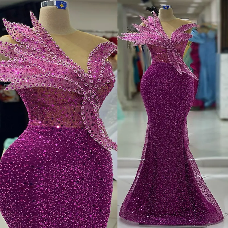 Stunning 2022 Mermaid Purple Sparkly Prom Dress With Sheer Neckline ...