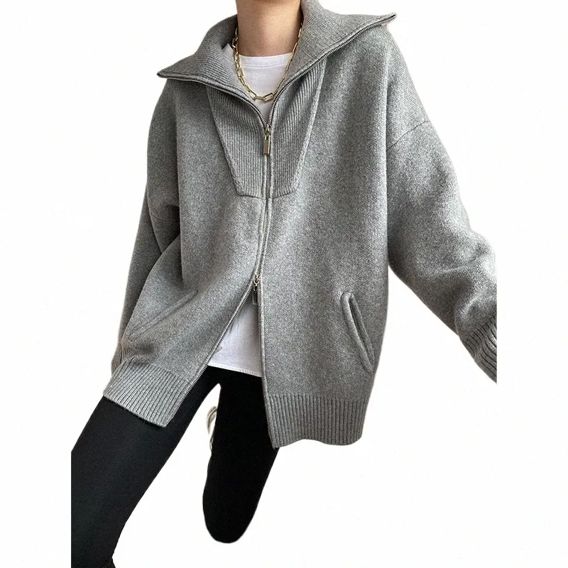 Autumn Knitted Turn Down Collar Grey Hooded Cardigan With Zip Design ...