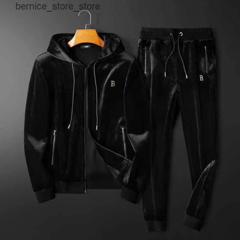 Men's Two-Piece Gold Velvet Velour Tracksuit Set with Hooded Jacket for ...