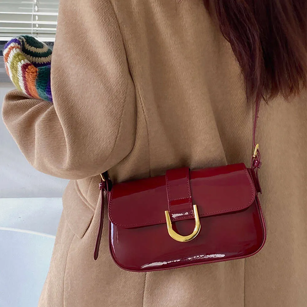 Retro Patent Leather Shoulder Bag For Women, Flap Solid Color Underarm ...