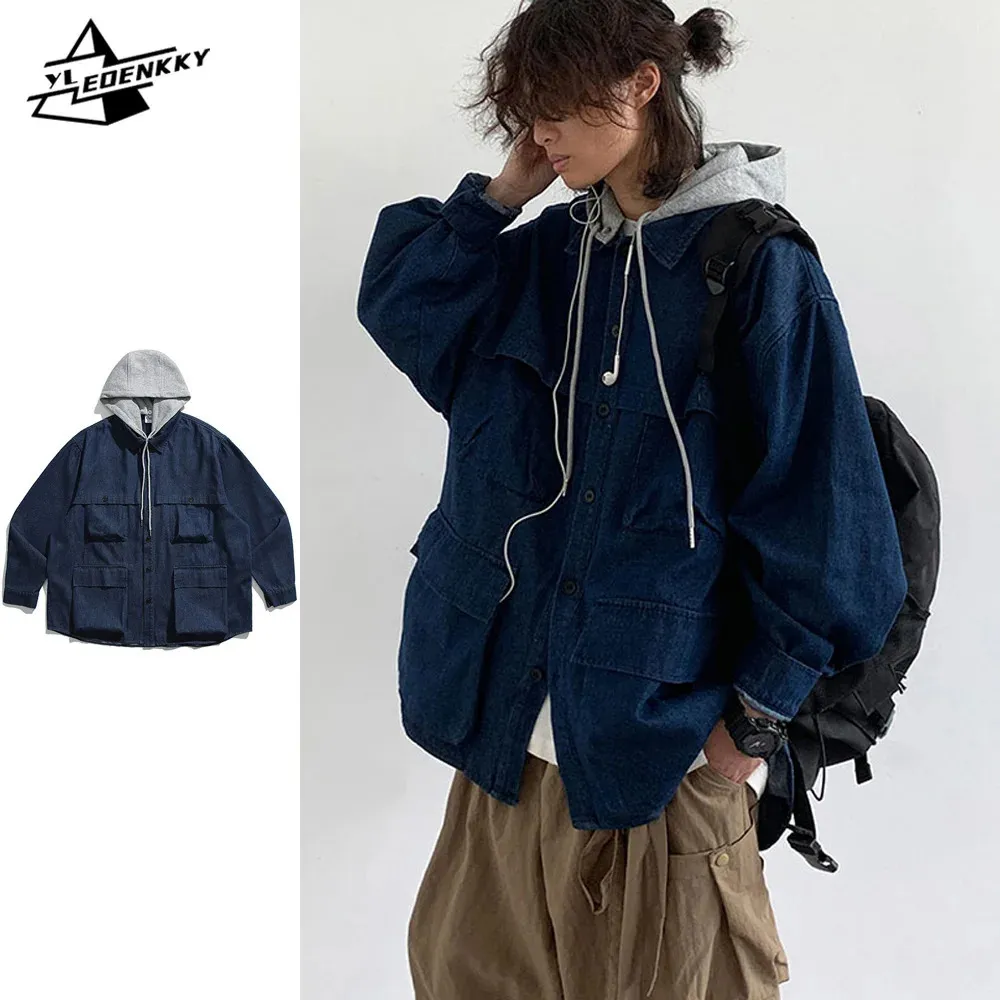 Hooded Denim Jacket Men Women Vintage Detachable Cap Cargo Coat ...