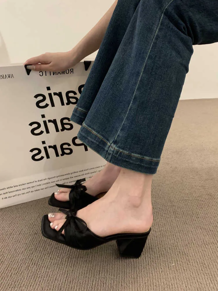 Sandals French Haute Couture Satin Bow Thick Heel Sandals For Womens ...