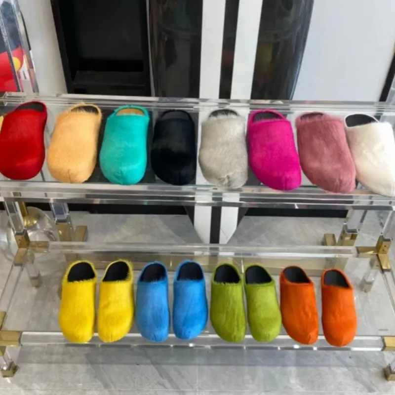 Women's Luxury Horse Fur Slides: Round Toe Designer Slippers, Outdoor ...