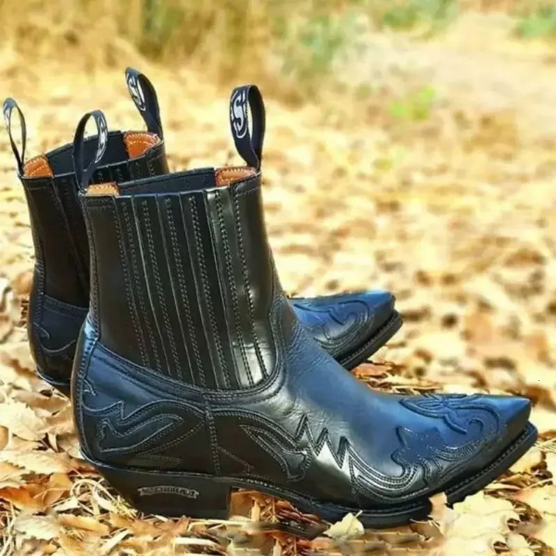 Western Cowboy Burnt Flower Mens Boots Black Brown Handmade Chelsea ...