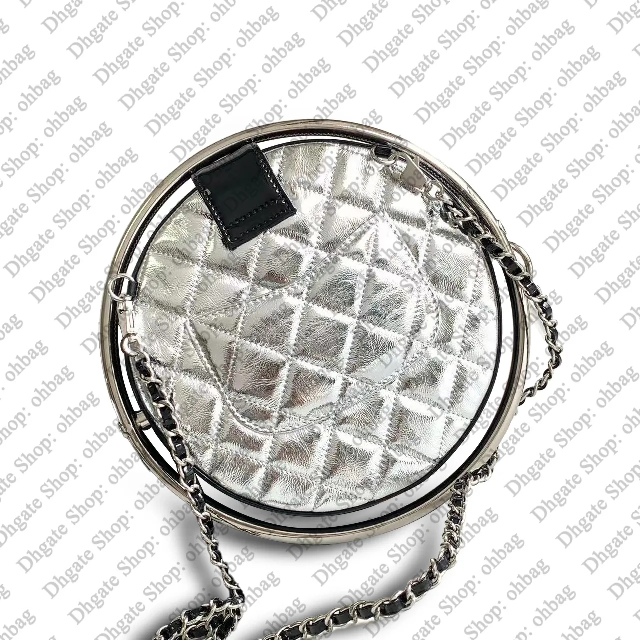 Silver Leather Quilted Small Round Crossbody Purse 8.7 in 22 cm ...
