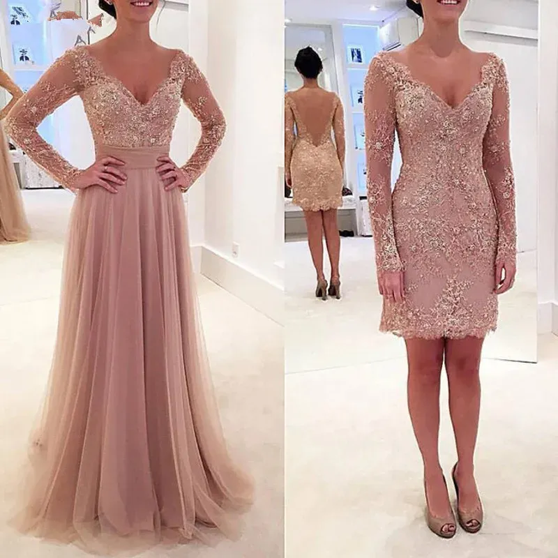 Short Lace Sheath Prom Dress with Detachable Skirt 2-in-1 Backless Long ...