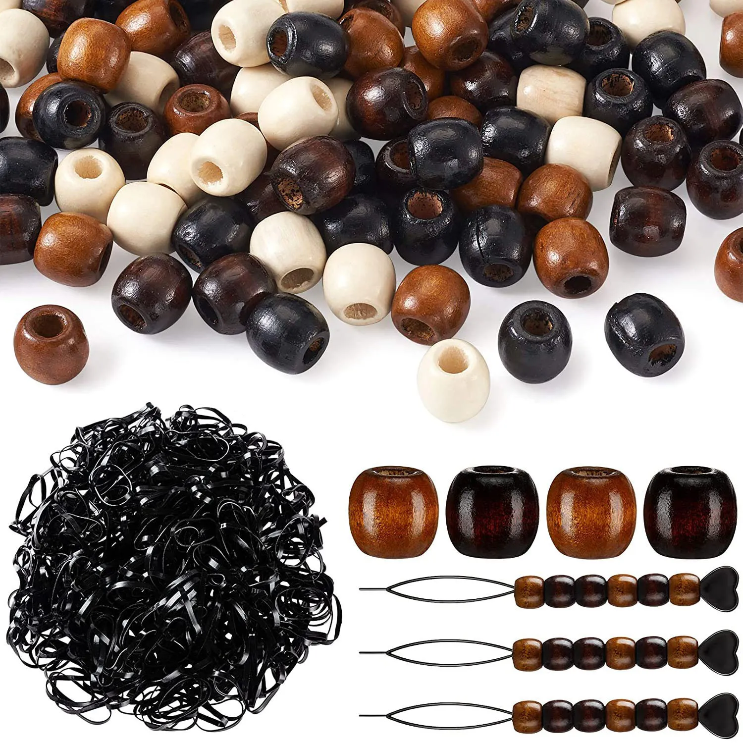 12mm Coffee Colored Wooden Dreadlock Hair Beads with 100 Rubber Bands ...