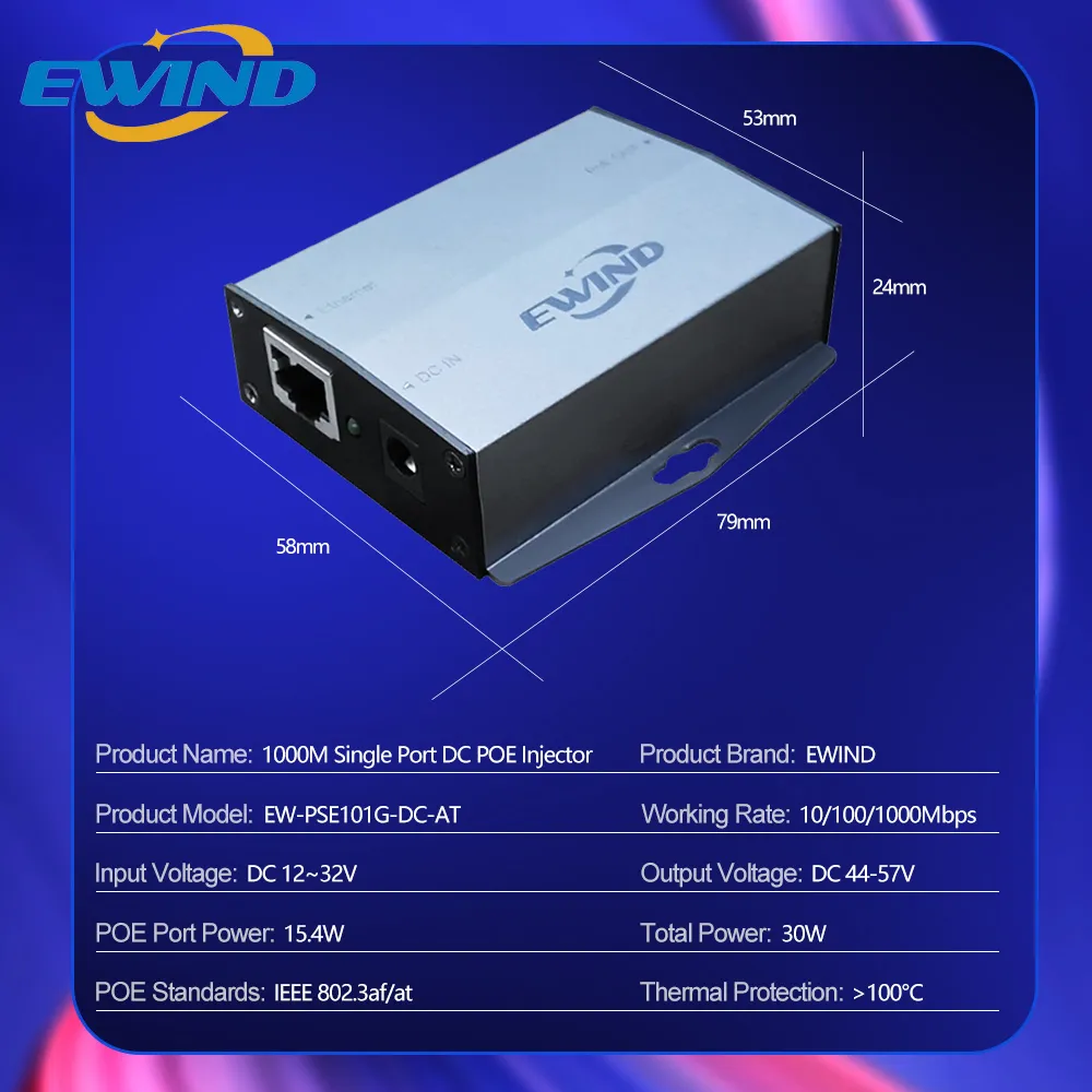 EWIND 44V-57V Gigabit PoE Injector, IEEE 802.3af/at/BT Standard, Single ...