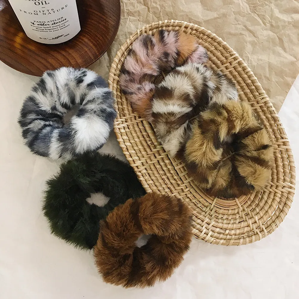 2024Premium Leopard Faux Fur Fluffy Scrunchies, Elastic Hair Tie Rope ...