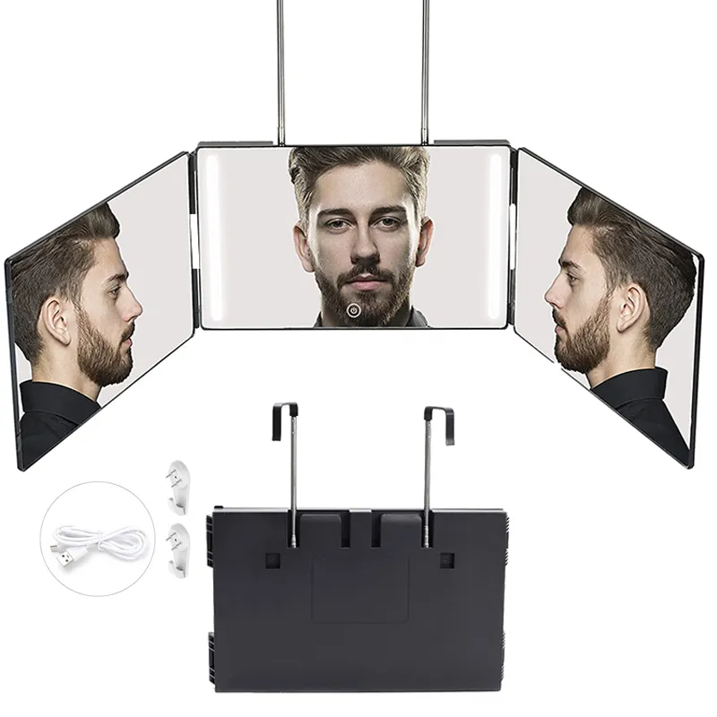 3 Way Mirror With LED Lights For Self Hair Cutting, 360° Trifold Vanity ...