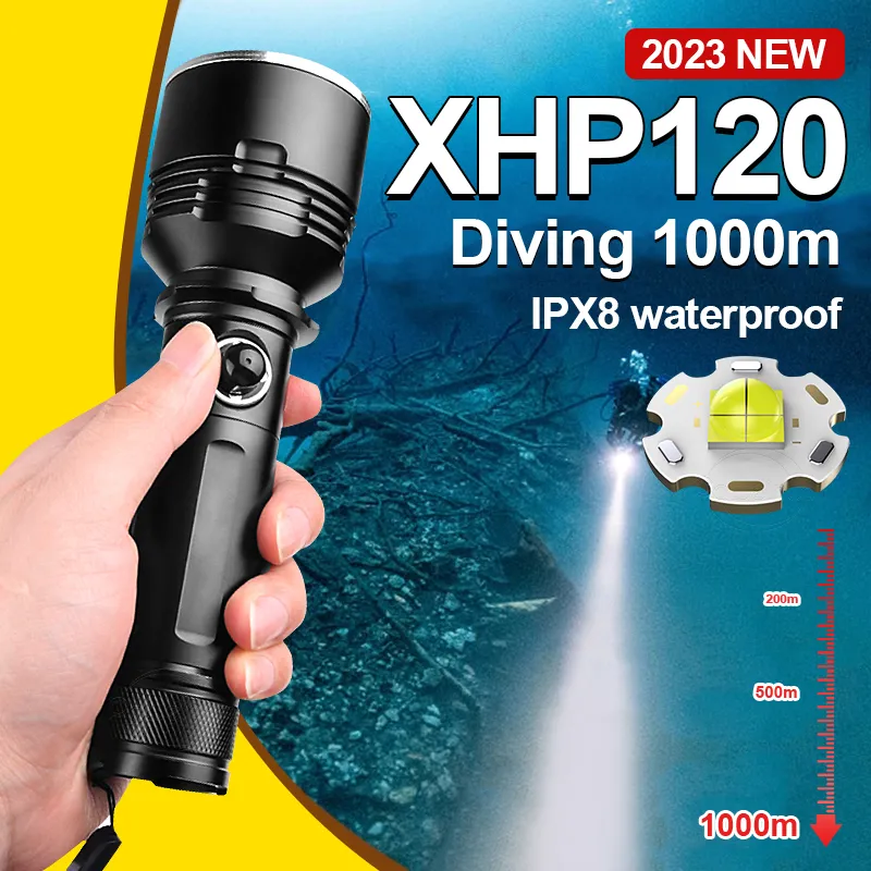 IPX8 Waterproof Diving Flashlight with XHP120 LED - Powerful 1000m Underwater Torch for ...