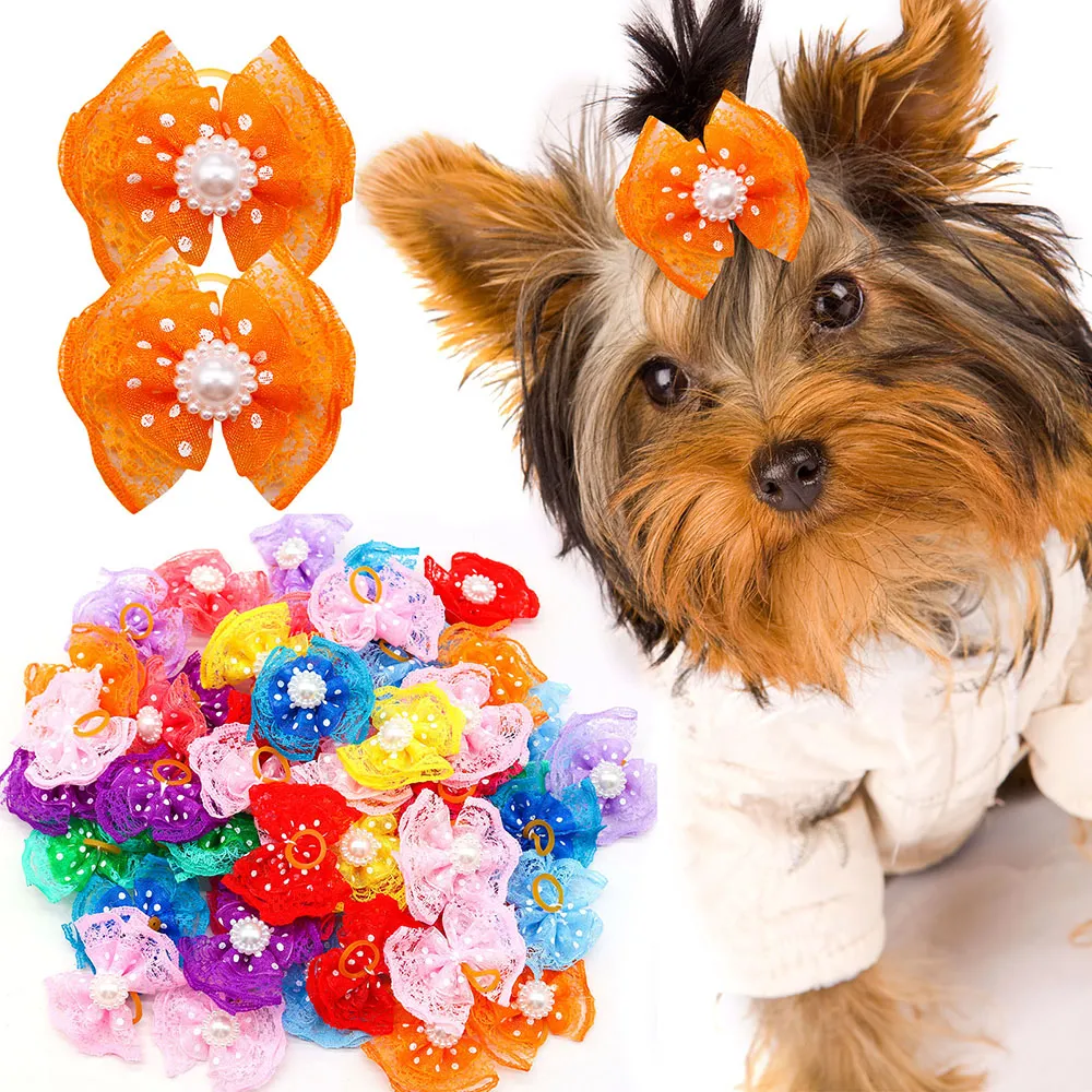 Bulk Pet Hair Bows with Diamond Lace Rubber Bands for Small Dogs Puppy ...