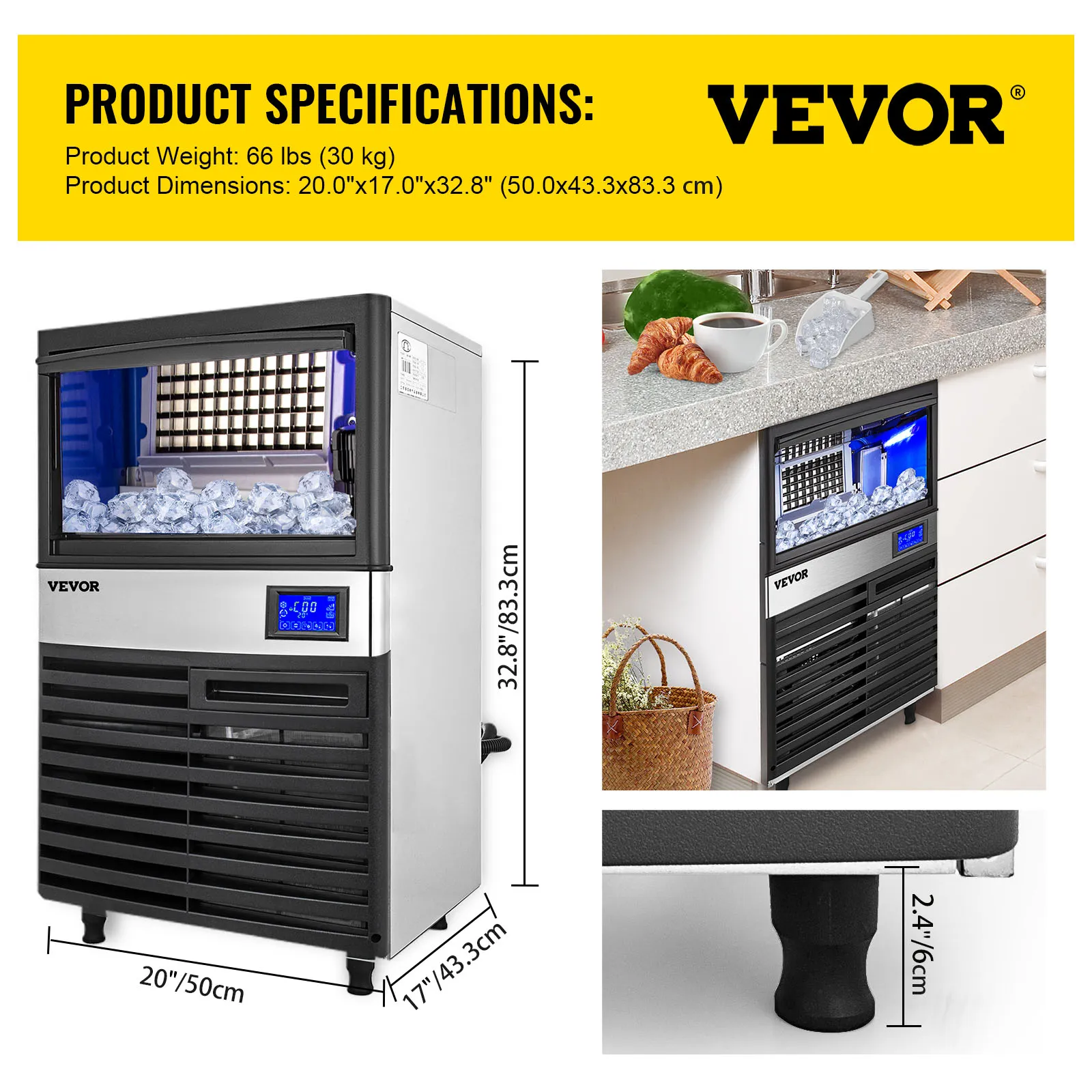 VEVOR Commercial Cube ice machine with Water Drain Pump - 50/60/70 KG ...
