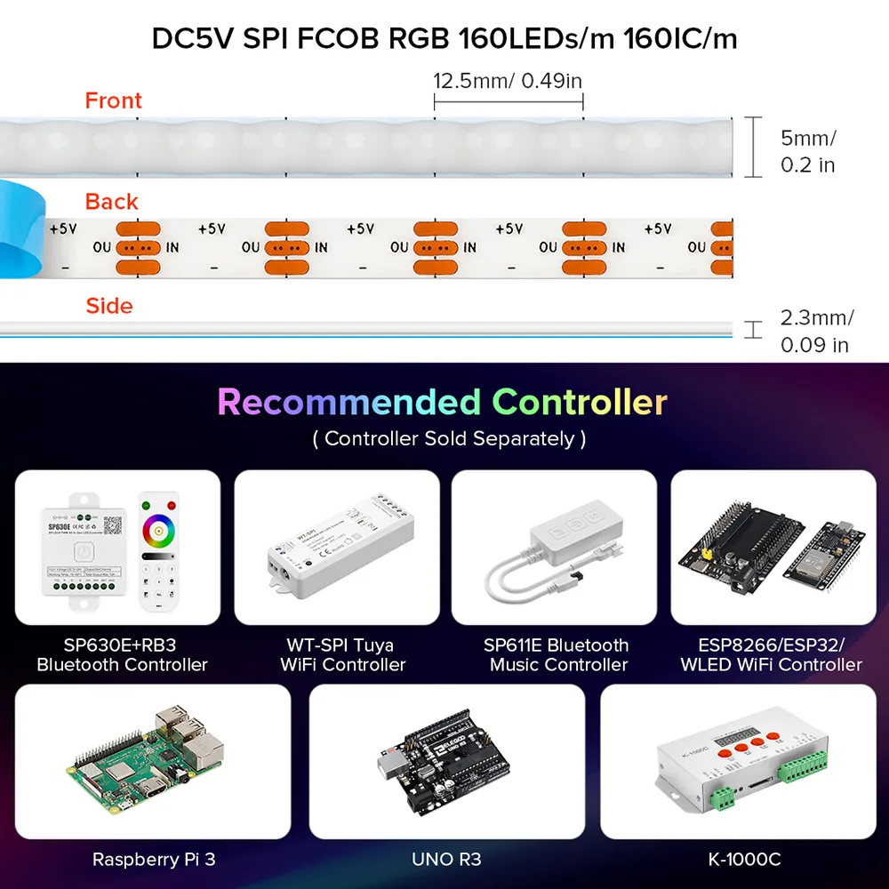 FOB COB DC5V Individually Addressable RGB IC LED Light Strip, WS2812B ...