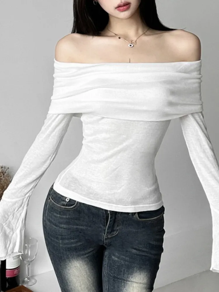 Translucent Y2K Aesthetic Long Sleeve Tee: Sexy Off-Shoulder Casual T ...