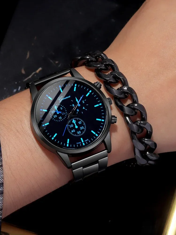 Men's 2-Piece Gift Set: Steel Strap Watch and Chain Bracelet from ...