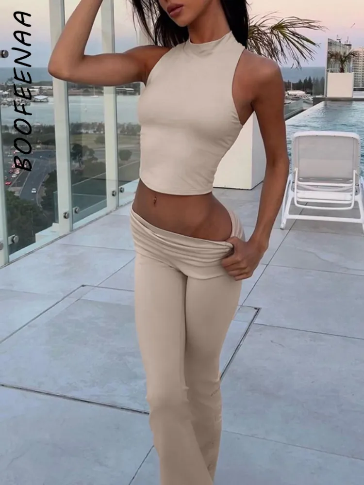 Baddie Turtleneck Crop Tank And Flare Pants Suit For Women, Casual Brunch Outfit From Homepro19 ...